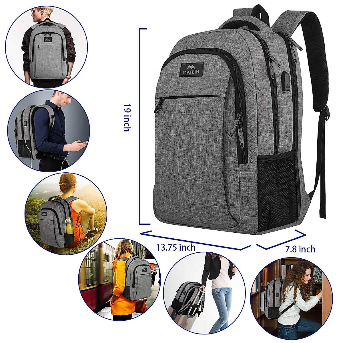 MATEIN 17 Inch Travel Laptop Backpack, Extra Large Business Backpack with USB Charging Port, Water-Resistant Computer Bag Daypack for Men Women Work Anti-Theft College Backpack, Grey