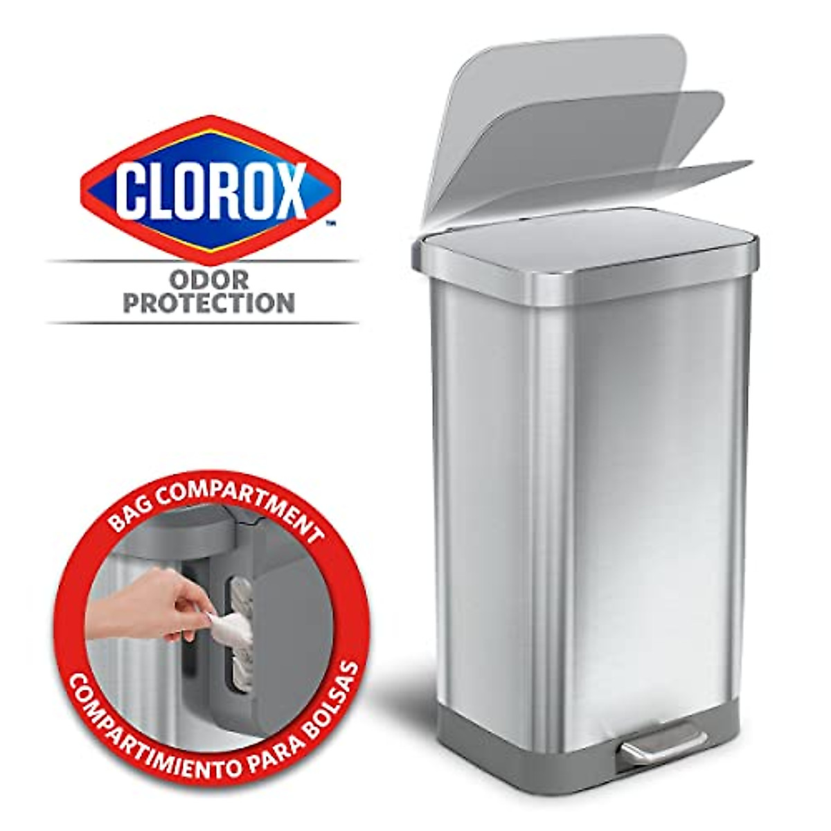 Glad Stainless Steel Step Trash Can with Clorox Odor Protection | Large Metal Kitchen Garbage Bin with Soft Close Lid, Foot Pedal and Waste Bag Roll Holder, 20 Gallon, All Stainless