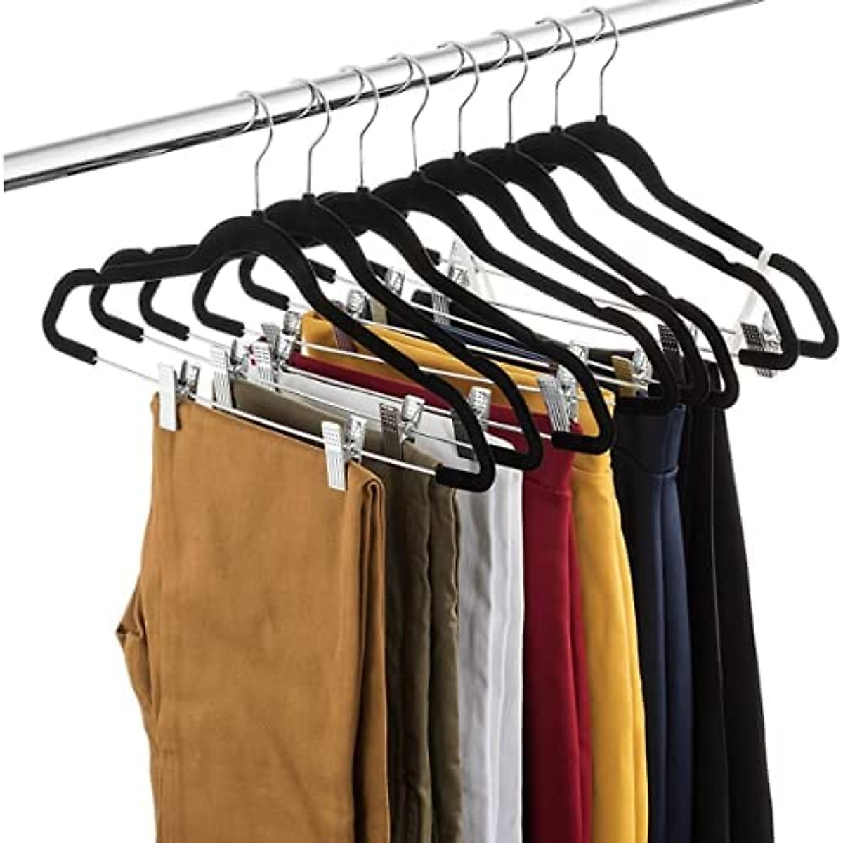 Pack of 30 Pant Hangers, 16.5 Inch Long Velvet Pant Hangers with Adjustable Clips, Heavy Duty, Non-Slip, Space Saving, 360° Swivel Hook