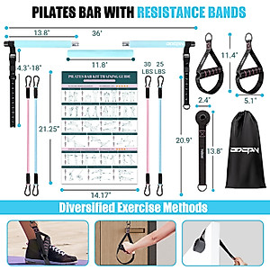 Pilates Bar Kit with Resistance Bands, Multifunctinal Exercise Bar with Resistance Bands for Pilates/Abs/Weight Loss, Portable Home Gym Pilates bar kit for Full Body Training Women - Blue
