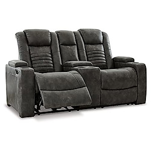 Signature Design by Ashley Soundcheck Contemporary Faux Leather Tufted Power Reclining Loveseat with Control and Adjustable Headrest, Gray