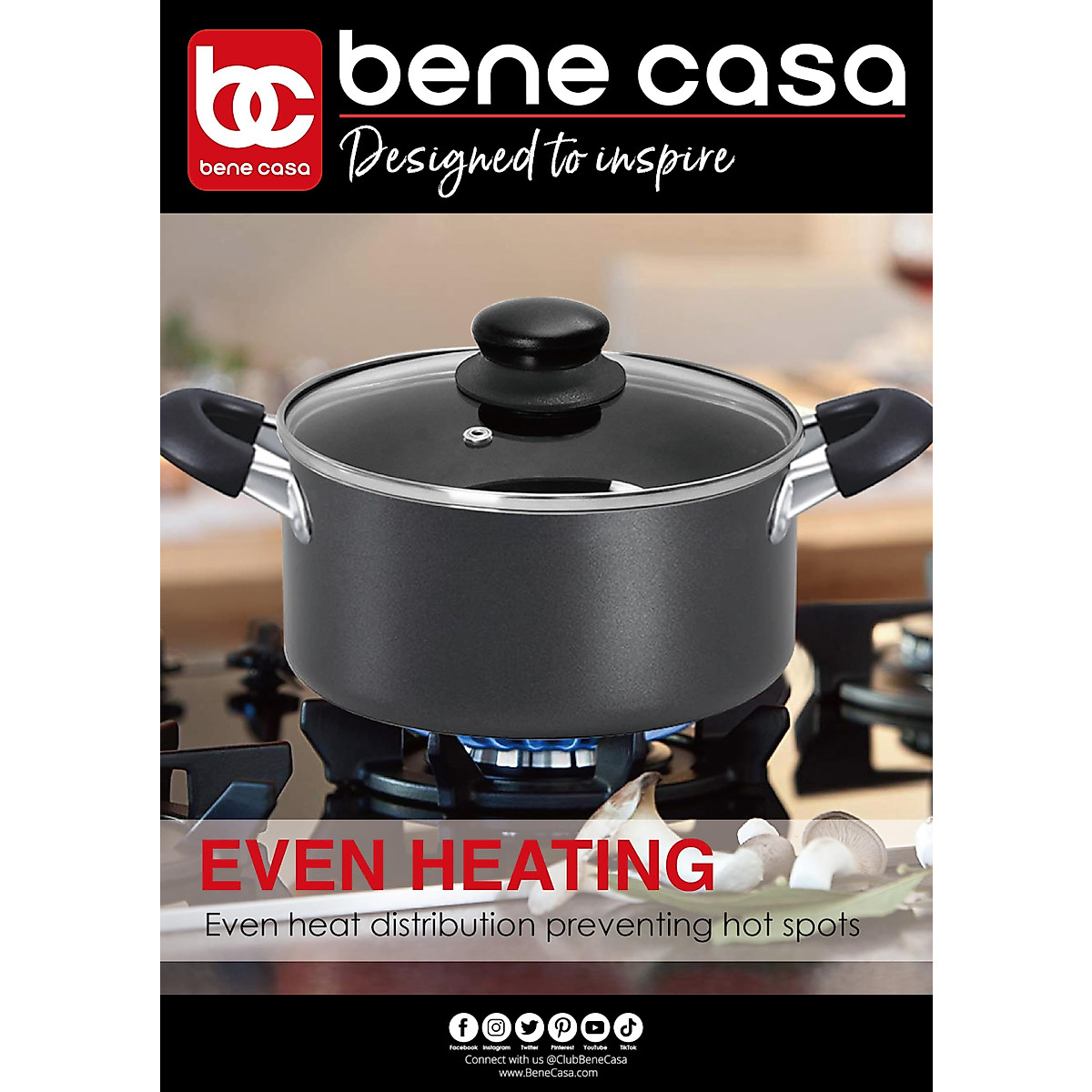 Bene Casa3-Quart Nonstick Dutch Oven Aluminum, Ventd Glass Lid, Stay-Cool Handles, Dishwasher Safe, Perfect for Simmering and Slow Cooking