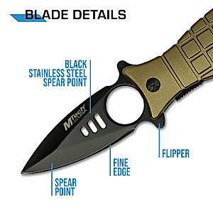 MTECH USA – Spring Assisted Folding Knife – Black Stainless Steel Blade, Green Aluminum Grenade Style Handle w/Bottle Opener and Pocket Clip, Tactical, EDC, Self Defense- MT-A588GN