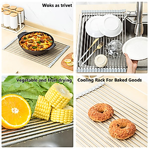 Stainless Steel Roll Up Dish Drying Rack with Sink Cover 17.7" x 13" Over The Sink Drying Rack Foldable 304 Stainless Dish Rack for Kitchen Countertop Dish Drainer Kitchen Sink Accessories and Gadgets