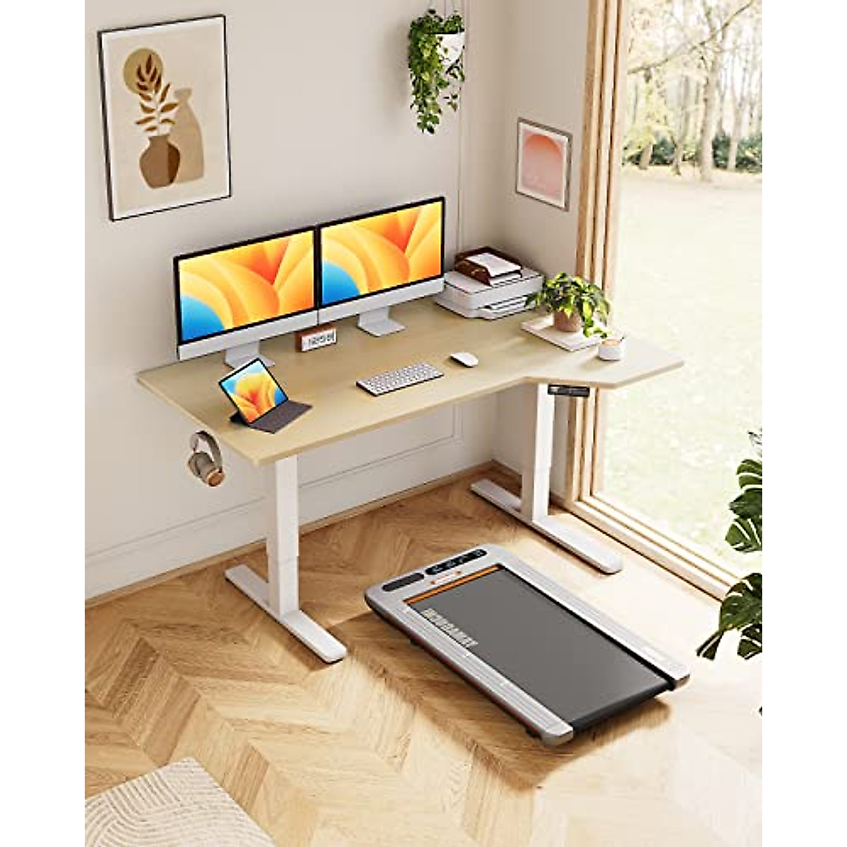 ErGear L Shaped Height Adjustable Electric Standing Desk 57" Corner Standing Desk Sit Stand Desk with Splice Board Ergonomic Desk Home Office Desk Computer Workstation, Natural