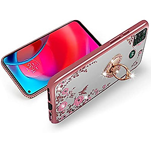 for Moto G Stylus 5G Case for Women, Motorola G Stylus 5G Case Glitter Crystal Butterfly Heart Floral Slim TPU Luxury Bling Cute Protective Cover with Kickstand+Strap for Moto G Stylus 5G-Rose Gold