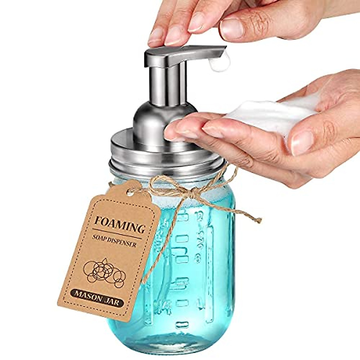 Amolliar 4PCS & 2pcs Brushed Nickel Mason Jar Bathroom Accessories Set-3pcs Foaming Soap Dispenser & 2pcs Cotton Swab Holder &1pcs Toothbrush Holder,Waterproof Stickers,Rustic Farmhouse Decor