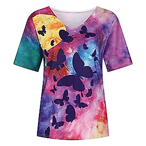 Plus Size Tops for Women Dressy Summer Trendy Short Sleeve V Neck T Shirts Rainbow Tie Dye Graphic Tees Loose Blouses