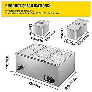 Commercial Food Warmer 110V, Stainless Steel 5-Pan Bain Marie 13.7 Quart Capacity with Lid for Catering Restaurants