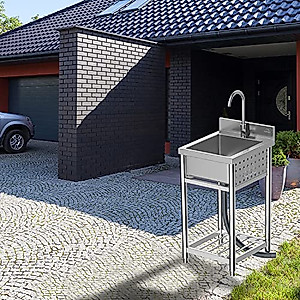 KENPIKO Utility Sink,Stainless Steel Sink,Outdoor Sink,Camping Sink,Laundry Room,Backyard, Garages,Free Standing Sink for Indoor Outdoor, with Storage Shelves&Drainer Unit Faucet Combo with Strainer