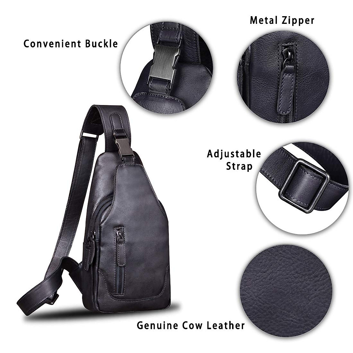 Genuine Leather Sling Bag for Men Chest Shoulder Crossbody Hiking Backpack Vintage Handmade Daypack (Black)