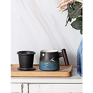 TANG PIN Moon Deer Ceramic Tea Mug with Infuser and Lid Coffee Mug with Strainer and Wooden Handle 14.5 OZ (Black&Blue)