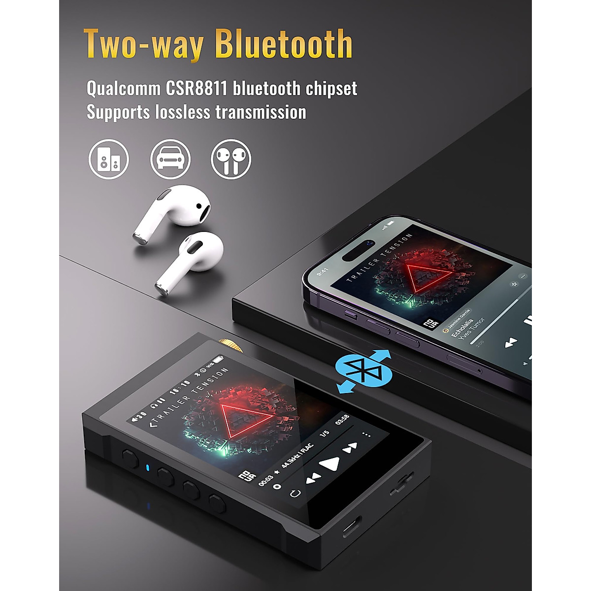 Phinistec S7 HiFi MP3 Player with Bluetooth, Lossless DSD256 Digital Audio Player, High Resoultion Portable Music Player with Metal Body & Glass Back, Dual DAC, Supports Up to 512GB