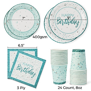 Royal Bluebonnet Teal and Silver Birthday Plates - Set of 24-9 and 7 inch Plates, Napkins, and Cups Party Supplies, Sturdy 400 GSM Weighted Teal Birthday Decorations for Women, Kids, and Tweens