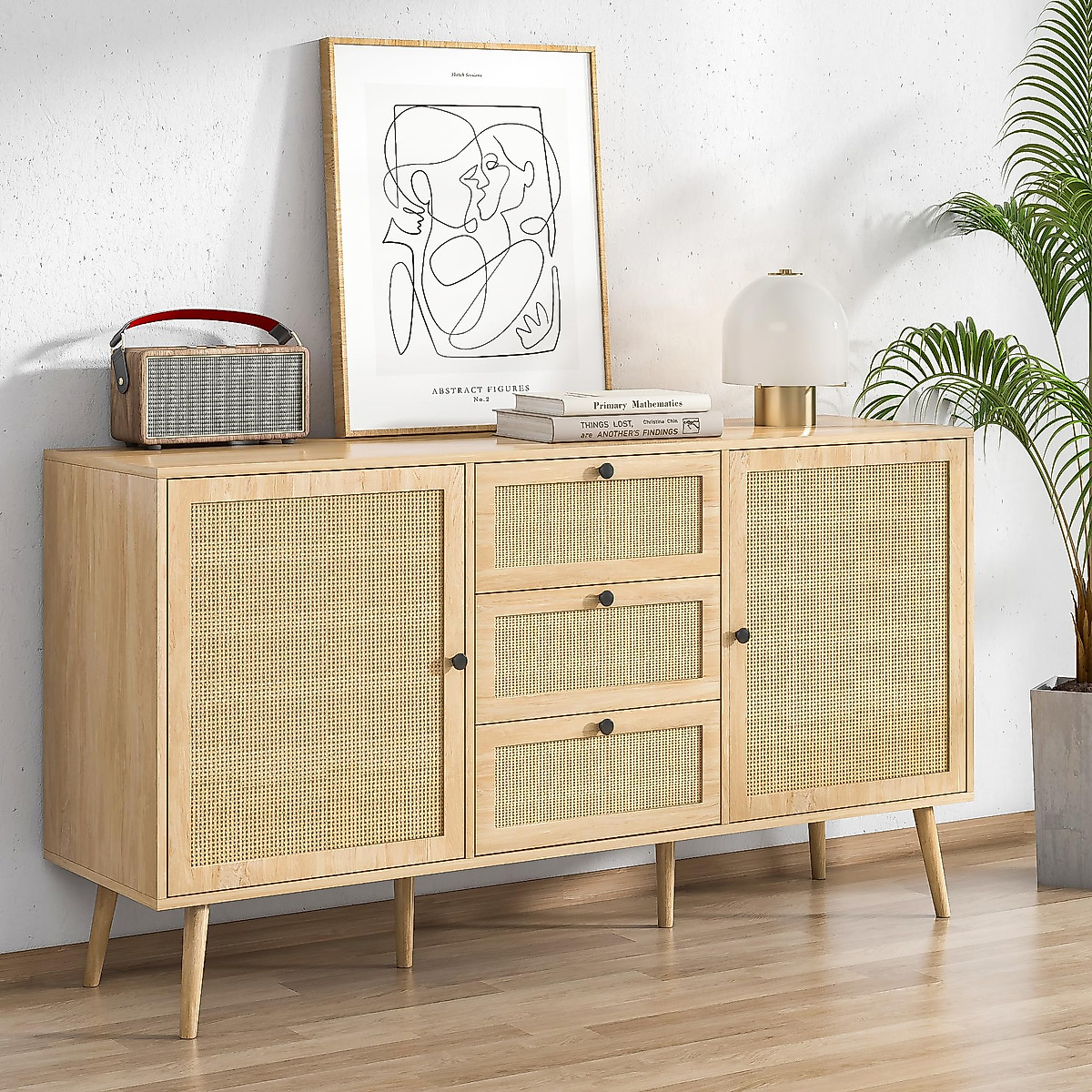Rattan Sideboard Buffets Cabinet Farmhouse Boho Buffet Sideboard with 3 Drawers and 2 Doors Storage Cabinet Adjustable Shelves Console Table Cupboard Accent Cabinet for Living Room Kitchen