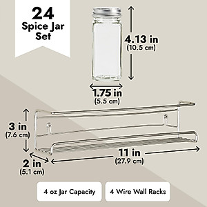 Talented Kitchen 4 Stainless Steel Spice Racks Wall Mount Organizer for Cabinet Door with 24 Empty 4oz Glass Jars, 269 Clear Seasoning Labels (2 Styles)