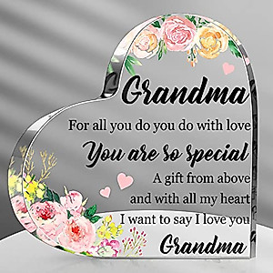 Acrylic Grandma Birthday Gift Floral Themed Heart Shape Birthday Christmas Gifts for Grandma Inspirational Thoughtful Grandma Gifts from Granddaughter Grandson for Home Decorations