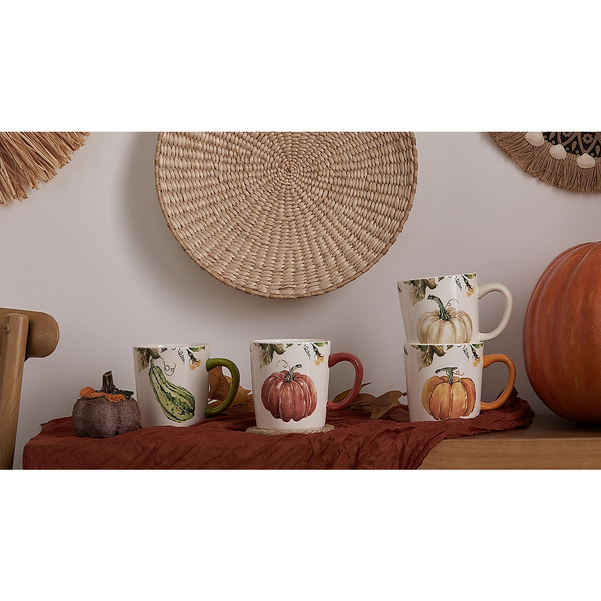 Bico Pumpkin Feast Ceramic Mugs, Set of 4, for Coffee, Tea, Drinks, Microwave & Dishwasher Safe
