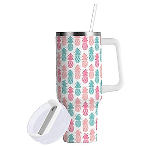 IHCVHQX Tumbler With Handle and Straw 40oz Pink Blue Pineapple Print Insulated Tumbler Cups Stainless Steel Travel Coffee Mug