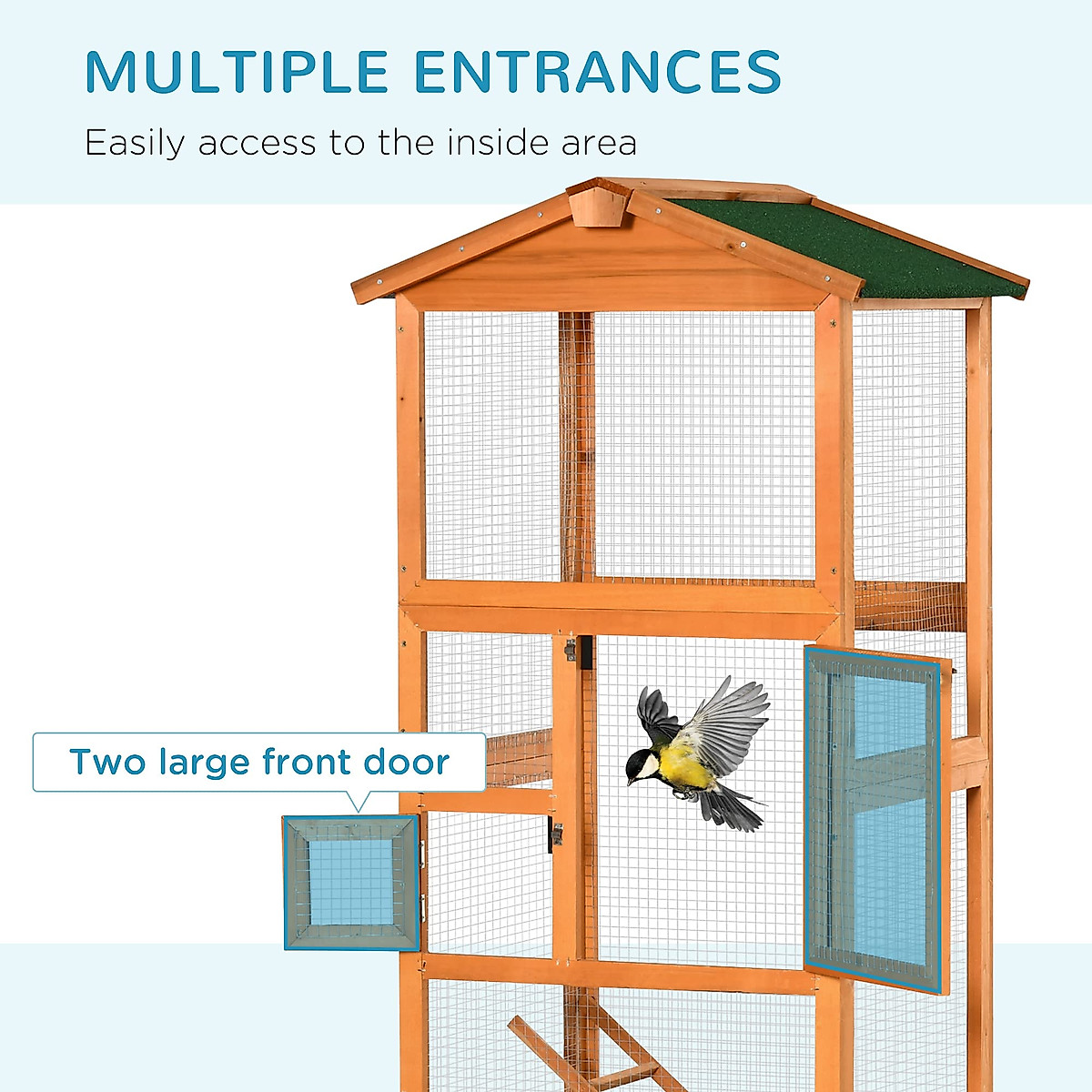 PawHut 65" Wooden Bird Cage Outdoor Aviary House for Parrot, Parakeet, with Pull Out Tray and 2 Doors, Natural