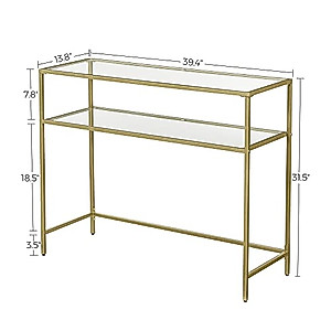 VASAGLE 39.4 Inch Console Sofa Table, Modern Entryway Table, Tempered Glass Table, Metal Frame, 2 Shelves, Adjustable Feet, for Living Room, Hallway, Gold Color ULGT025A01