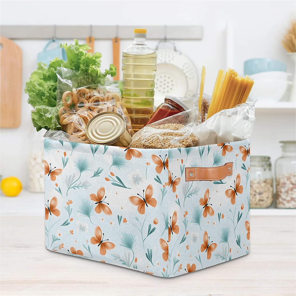 Gumuslen Orange Butterfly Storage Basket Organizer Bin with Handles for Clothes Storage, Gift Bakets, Toy Box, Book Basket for Office Home Rooms Laundry Playroom Dorm