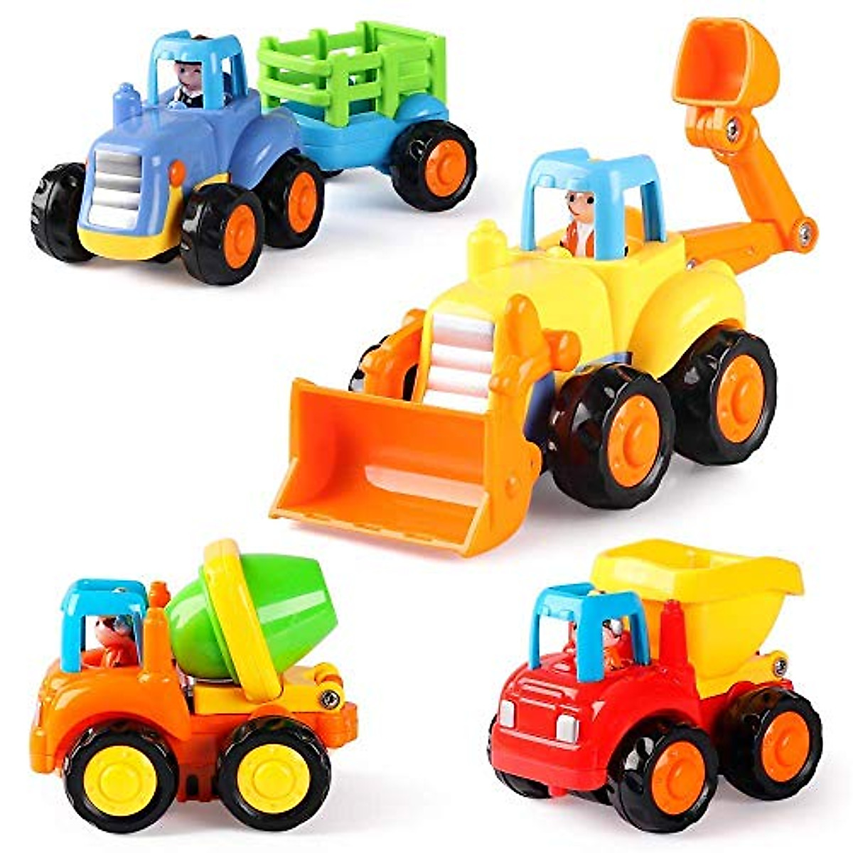 Coogam 4 Pack Friction Powered Cars Construction Vehicles Toy Set Cartoon Push and Go Car Tractor, Bulldozer, Cement Mixer Truck, Dumper for Year Old Boy Girl Kid Gift