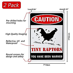 GLOBLELAND 2Pack Caution Tiny Raptors Sign Aluminum Chicken Coop Signs for Farm Kitchen Rooster Hen House Decor Beware of Chicken Signs for Chicken Lady Lovers, 7x10inches Waterproof