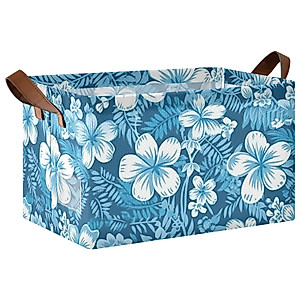 SPRIPORT Hawaii Blue Flowers Foldable Storage Cube for Shelves Fabric Storage Bin with Metal Frame & Double Handles Large Storage Box for Organizing Clothes Blankets Toys Books