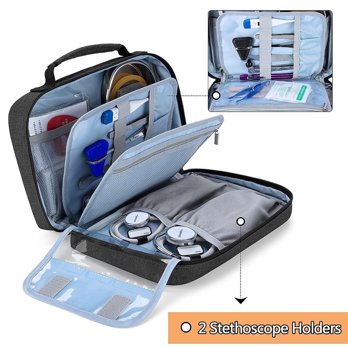 Damero Carrying Case for 2 Stethoscopes, Portable Stethoscope Case Compatible with 3M Littmann/ADC/Omron Stethoscope, BP Cuffs and Other Accessories, Black