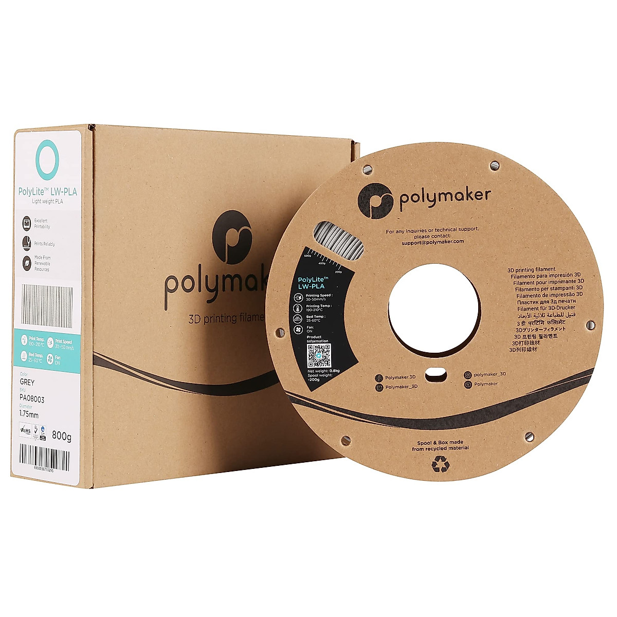 Polymaker LW PLA Filament 1.75mm Gray, Pre-Foamed PLA 800g Lightweight 3D Filament - PolyLite 3D Printer LW-PLA for Printing RC Plane, 190-210 °C Printing Temp. | High Rigidity | Easy to Paint