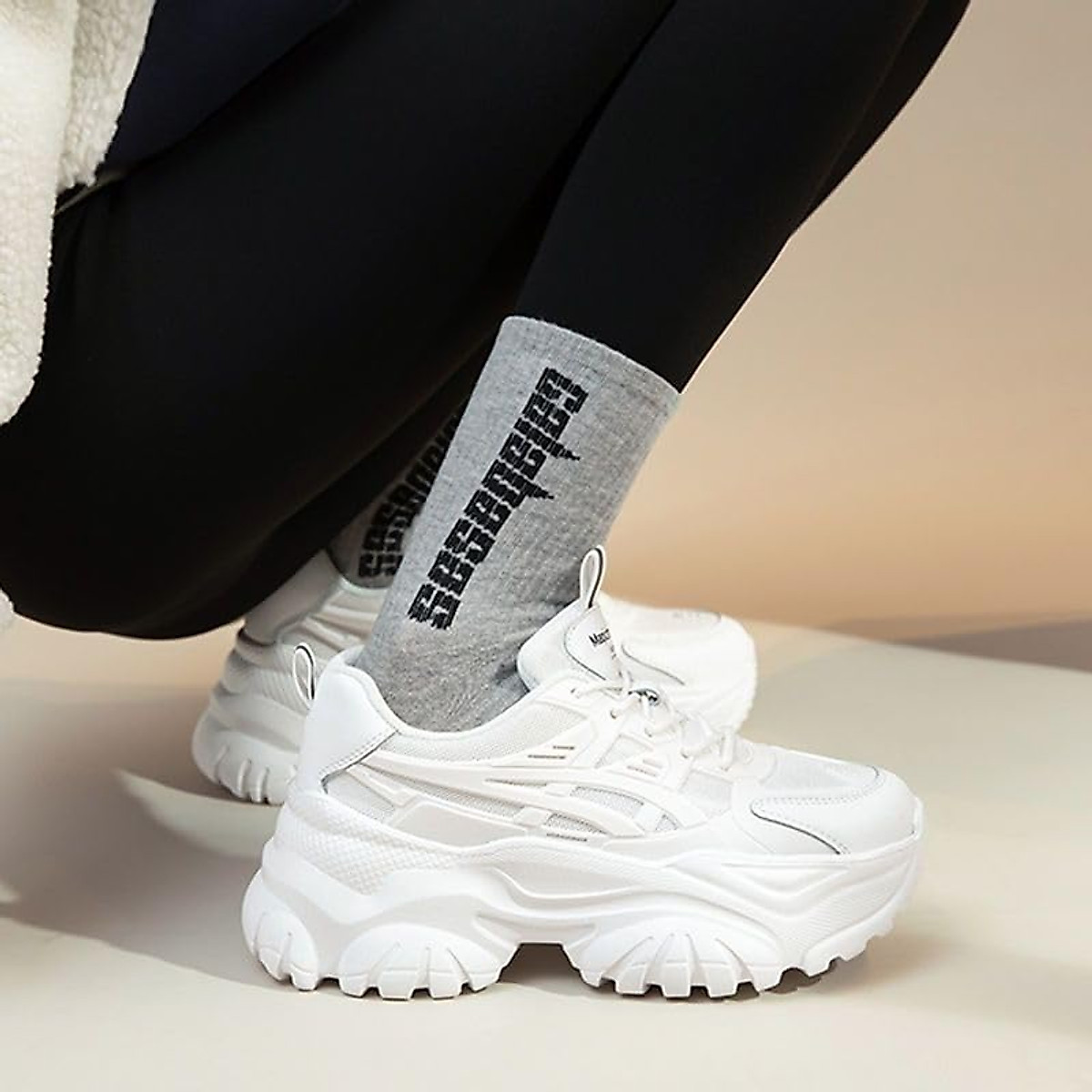 LELEBEAR Chunky White Sneakers Women, Fashion Mesh Platform Sneakers, Casual Jogging Walking Shoes with Cute Socks (White C, Adult, Women, 7, Numeric, US Footwear Size System, Medium)