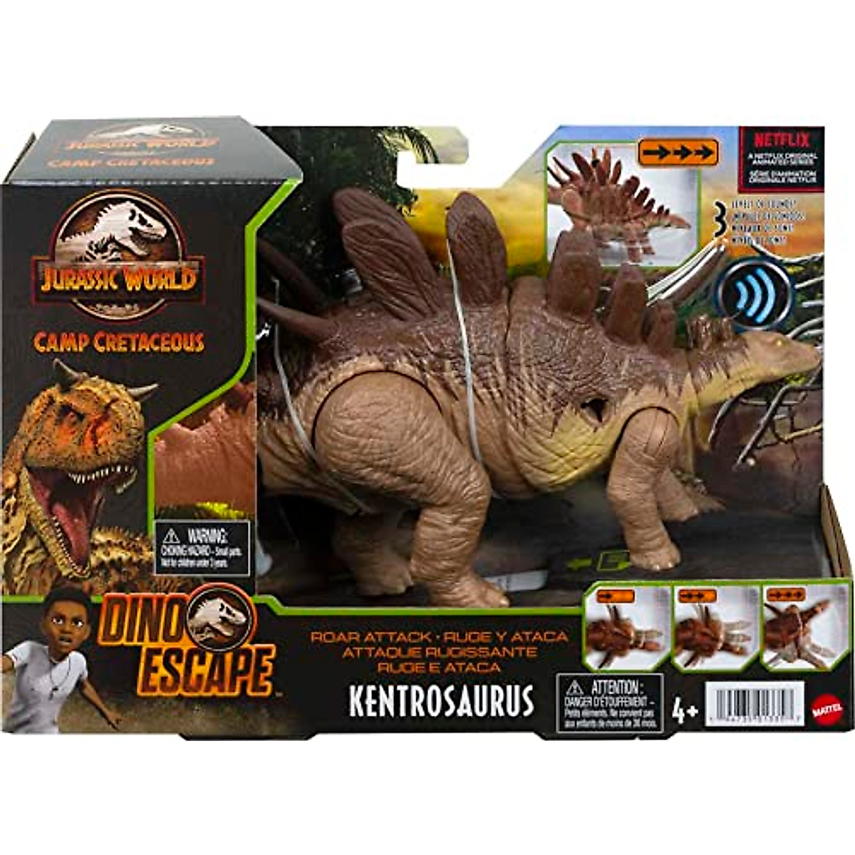 Jurassic World Camp Cretaceous Roar Attack Kentrosaurus Dinosaur Action Figure, Toy Gift with Strike Feature and Sounds