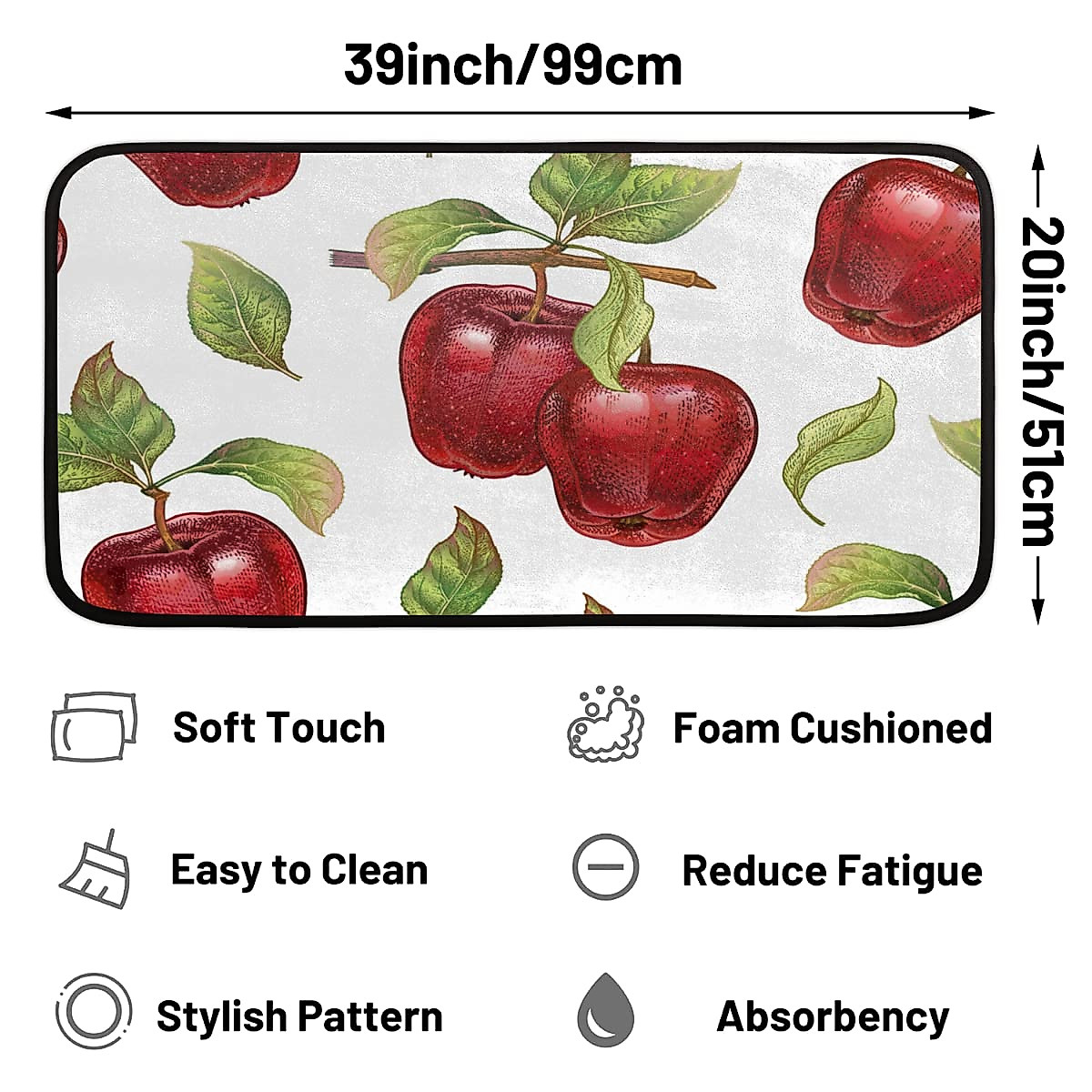 Pardick Red Apples Leaves Kitchen Rugs and Mats, Fresh Fruit Non Slip Washable Absorbent Area Rugs Anti Fatigue Kitchen Mat Memory Foam Doormat Runner Rug for Floor Kitchen Bathroom 39X20in