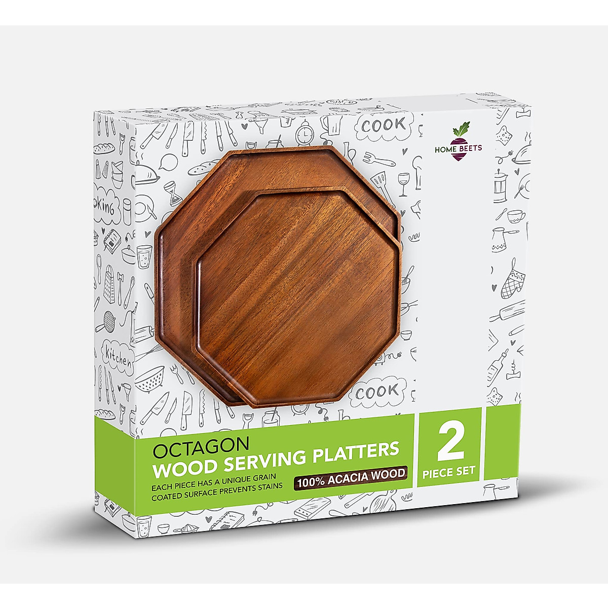 Acacia Wood Serving Trays - Set of 2 (12-Inch and 10-Inch Plates) Wooden Home Decor Platters for Fruit, Vegetables, Appetizer Serving Tray, Food, Cheese Board, Small Charcuterie, Party Entertaining