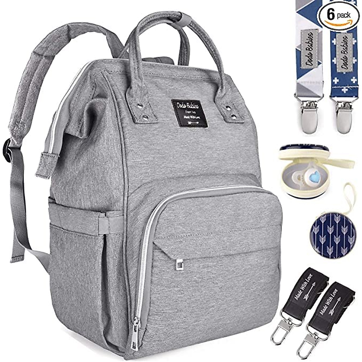 Dodo Babies Diaper Bag Backpack Set - Insulated & Waterproof Pockets - Plus Two Pacifier Clips, Binky Case & Stroller Straps (Blue/Grey)