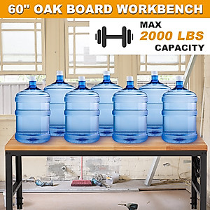 AHB 60" Workbench Adjustable Height, Oak Wood Work Table with Power Outlets, Max 2000 LBS, Heavy Duty Workstation for Garage Party Shop Office Home(Black 60"x 22")