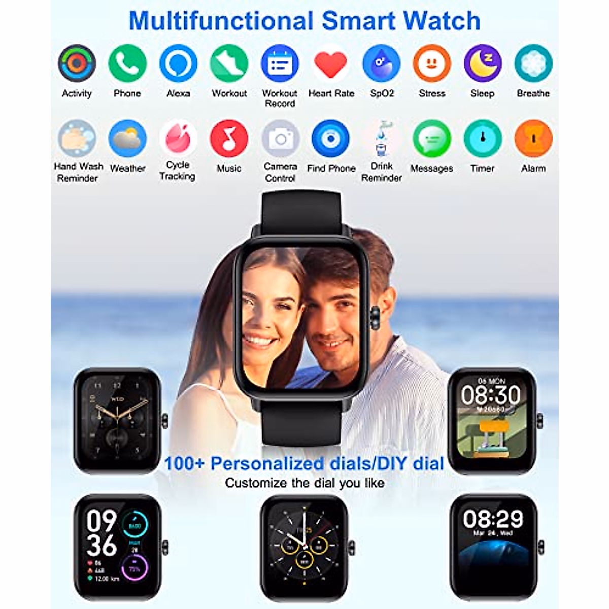 Smart Watch for Men Women with Bluetooth Call, Alexa Built-in1.8 DIY Dial with Blood Oxygen Heart Rate Sleep Fitness Tracker Notification Weather 100 Sport Modes Smartwatch for Android iOS Phone