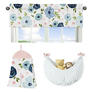 Sweet Jojo Designs Navy Blue and Pink Watercolor Floral Baby Girl Nursery Crib Bedding Set - 11 Pieces - Blush, Green and White Shabby Chic Rose Flower Polka Dot