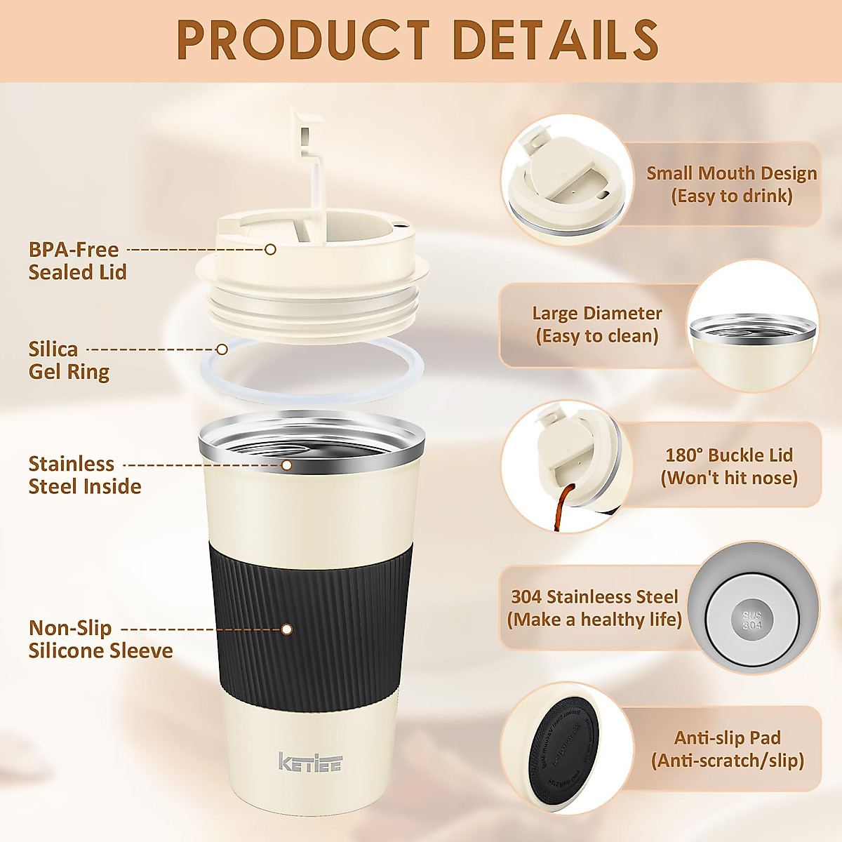 KETIEE 12oz Travel Mug: Vacuum Insulated Coffee Cup with Leakproof Lid, Travel Coffee Mug Stainless Steel Double Walled Reusable Coffee Cup for Hot and Cold Water Coffee (Beige)