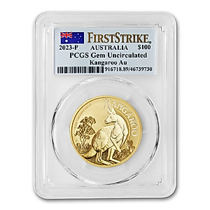 2023 P AU 1 oz Australian Kangaroo Gold Bullion Coin Gem Uncirculated (First Strike - Flag Label) 24K $100 GEMUNC PCGS