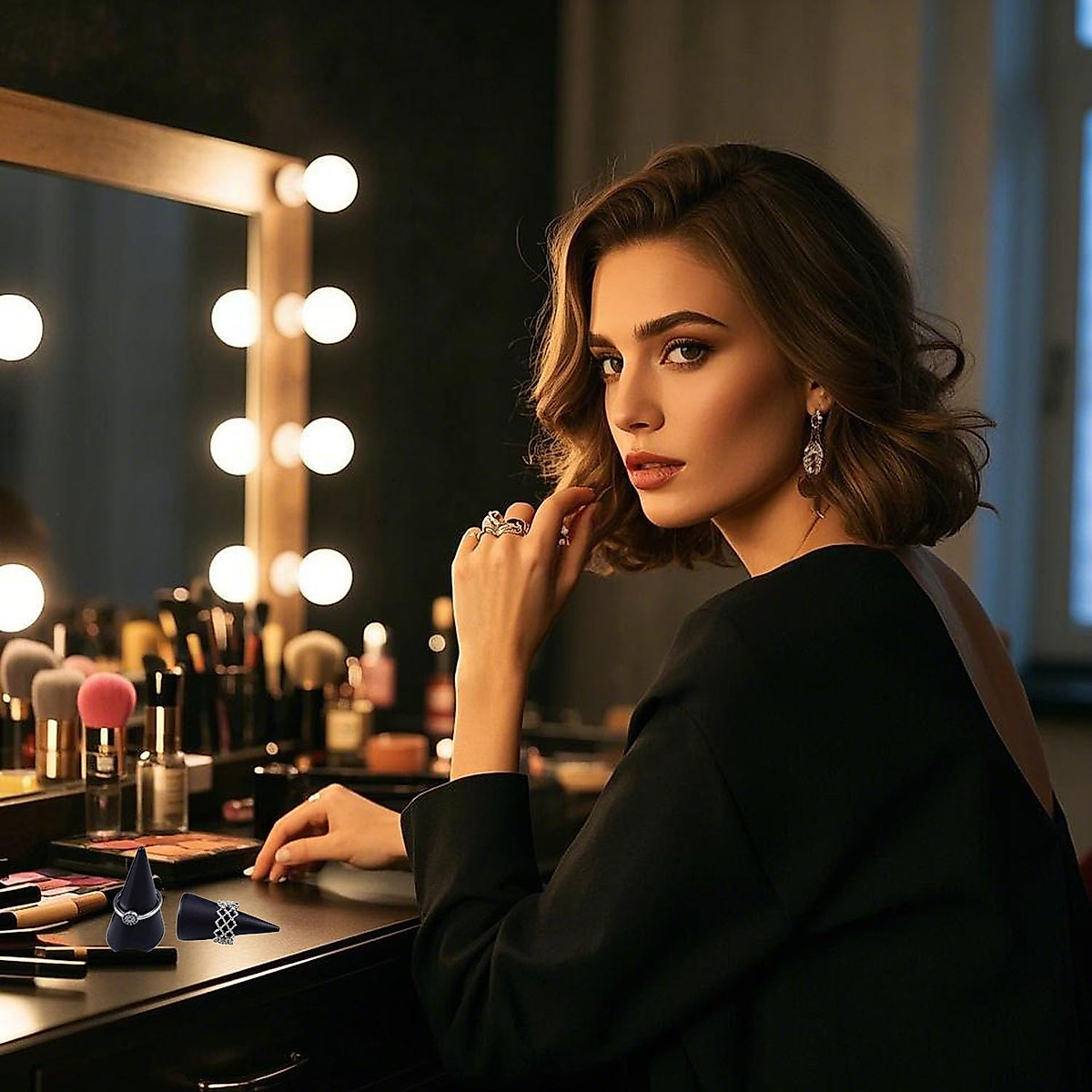 AUEAR, 10 Pack Wood Cone Ring Holder Finger Jewelry Display Stand DIY Craft Wooden (Black, Vertical Shaped)