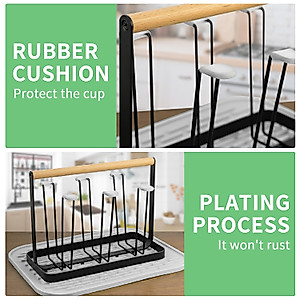 Mukkuri Cup Drying Rack Stand,Beer Glasses Rack 6 Cup Metal Drainer Holder Rack Non-Slip Mugs Cups Organizer with Wood Handle, Black