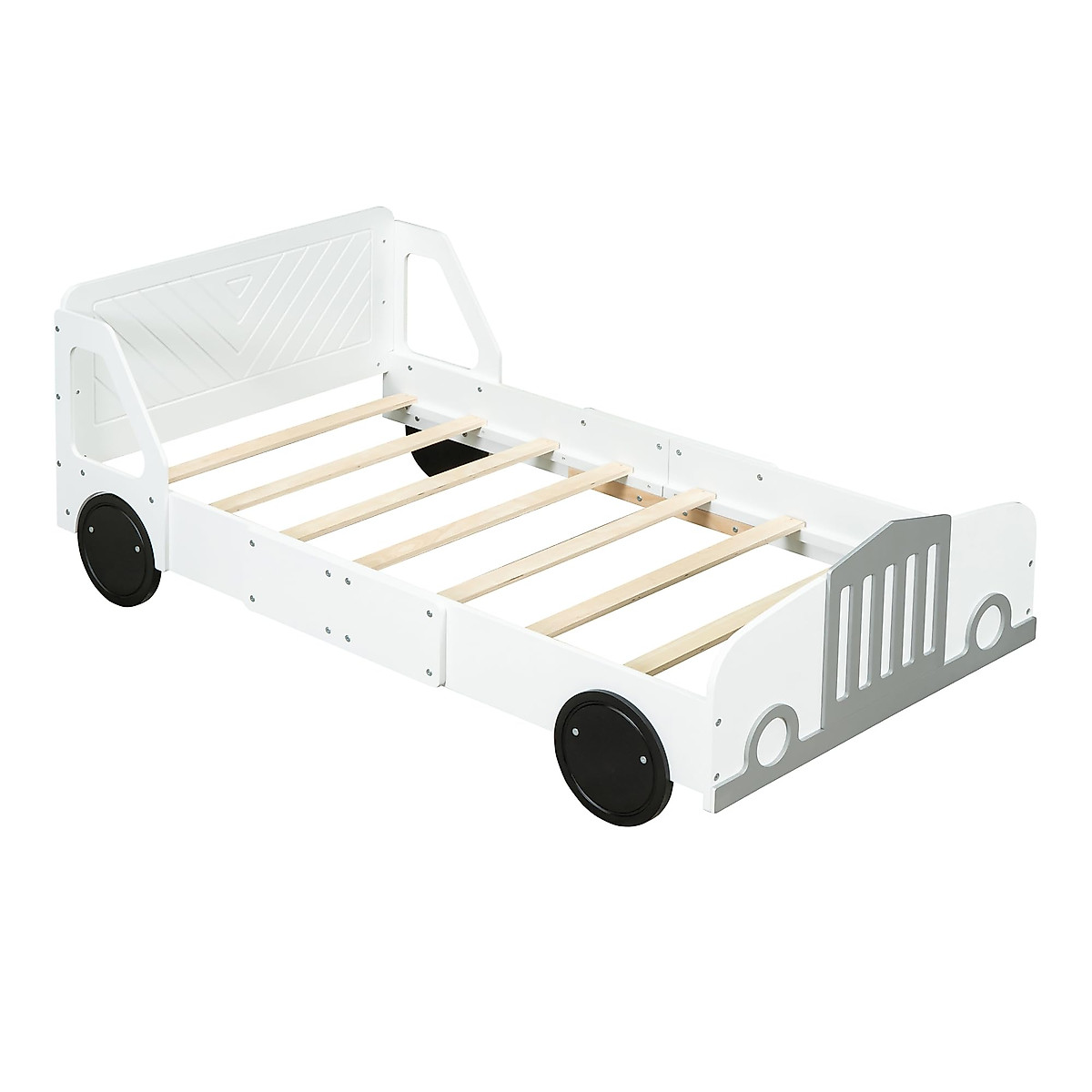 Harper & Bright Designs Twin Size Car-Shaped Bed with Wheels,Twin Kids Bed with Headboard & Footboard,Wood Twin Platform Bed Frame,Lightning McQueen Bed for Kids Boys Girls (White)
