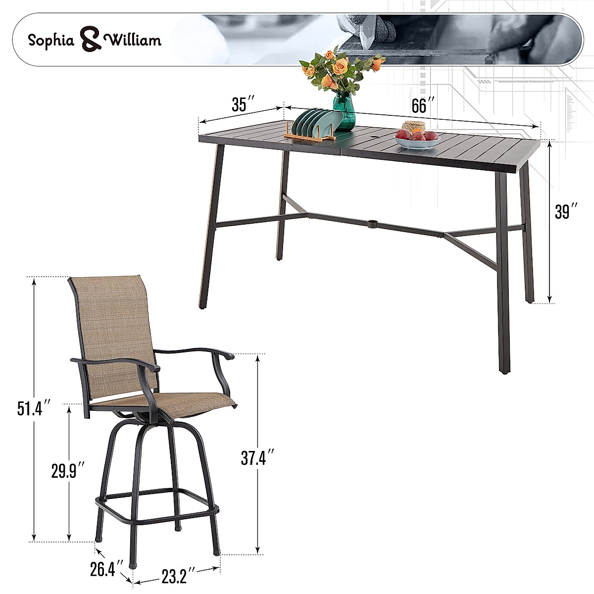 Sophia & William Outdoor Bar Set, Patio Bar Table and Chairs Set, Bar Height Patio Set - 6 x Swivel Bar Chairs(Brown), 1 x Rectangular Bar Table(Black)