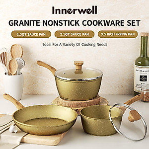 Innerwell Nonstick Frying Pan Set,Non Stick Sauce Pan Set with Lid Gold Granite Pans,1.5QT+2.5QT Saucepan 9.5 Inch Frying Pan Induction Cookware Set,PFOA Free