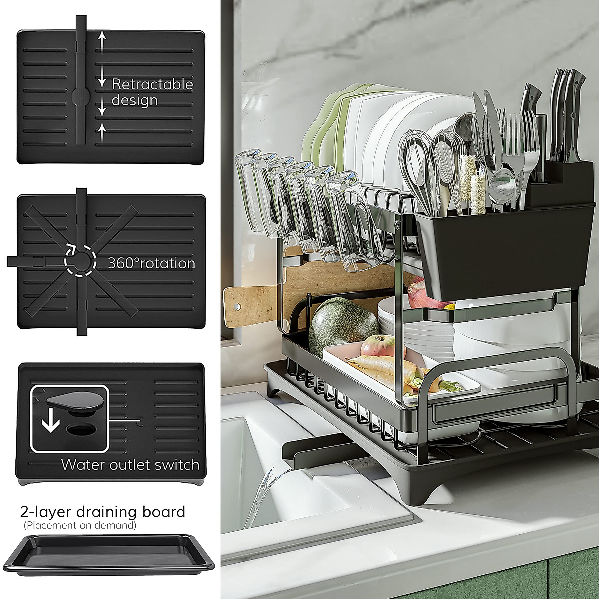 CHIACHIA Dish Drying Rack for Kitchen Counter, 2 Tier Dish Drying Rack with 2 Drainboard, Dish Rack and Drainboard Set with Knife and Fork Holder, Black Carbon Steel Large Capacity Dish Drainer