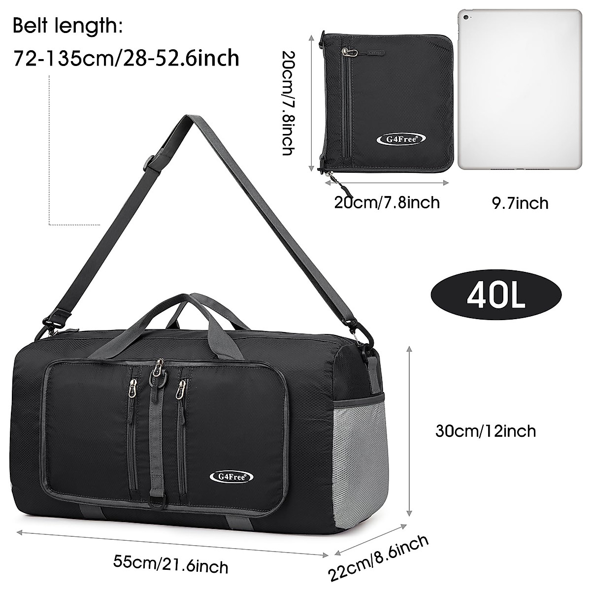 G4Free 40L/65L Foldable Duffel Bag, Water-Repellent Travel Backpack, Lightweight Carry Bag for Overnight Weekender Sports Men Women, Balck, 40L