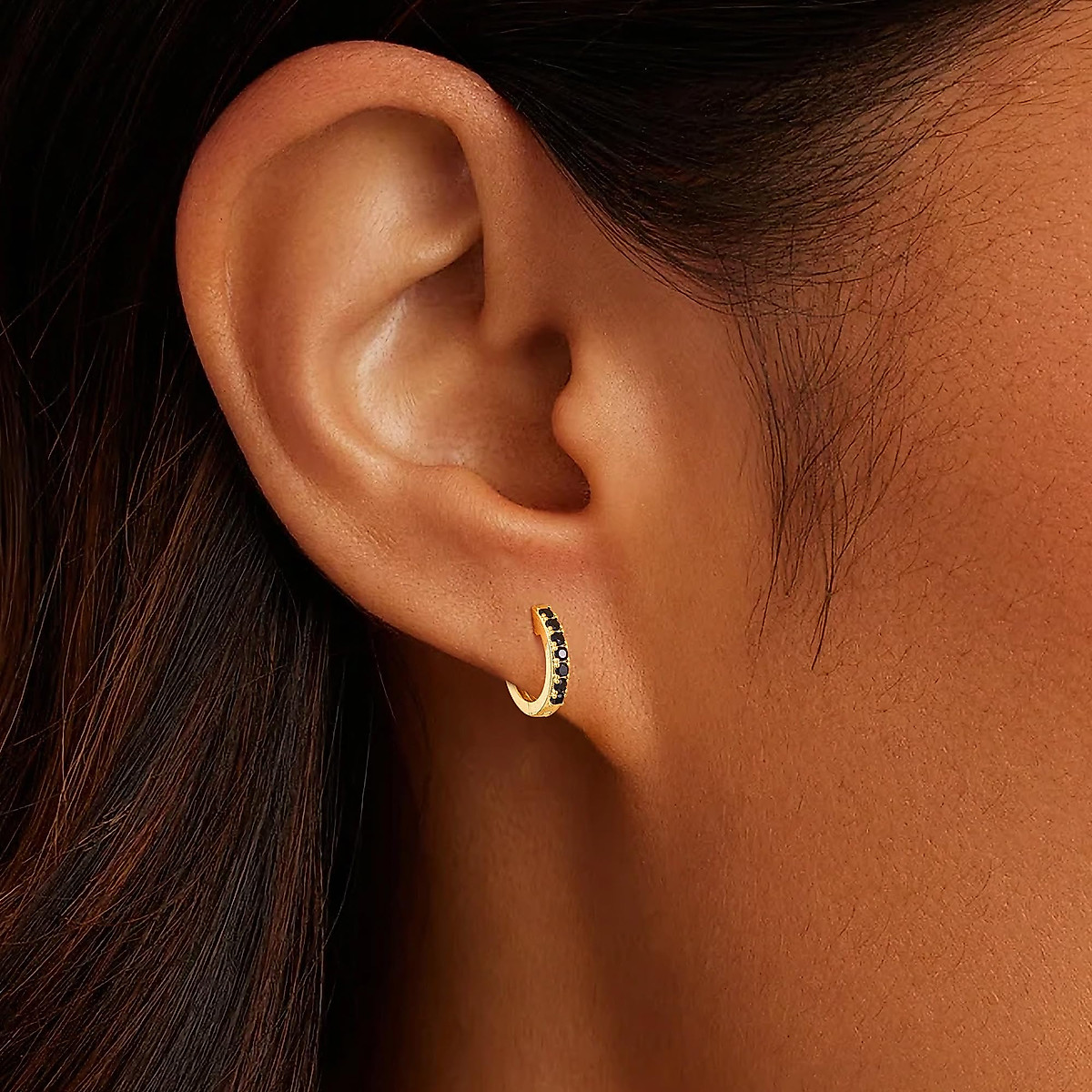 Gacimy Gold Huggie Earrings for Women 14K Real Gold Plated with Black Cubic Zirconia, Small Gold Hoop Earrings Cartilage Cuffs for Women, Black 1/2 Inch