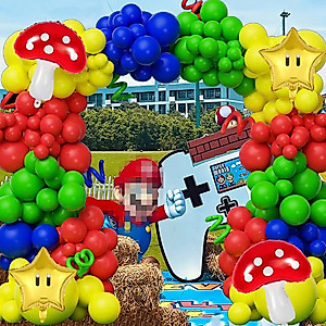DUILE 156pcs Red Blue Green Yellow Balloon Garland Kit Mushroom Star Balloons for Cartoon Video Game Theme Super Bros Birthday Game Birthday Party Supplies